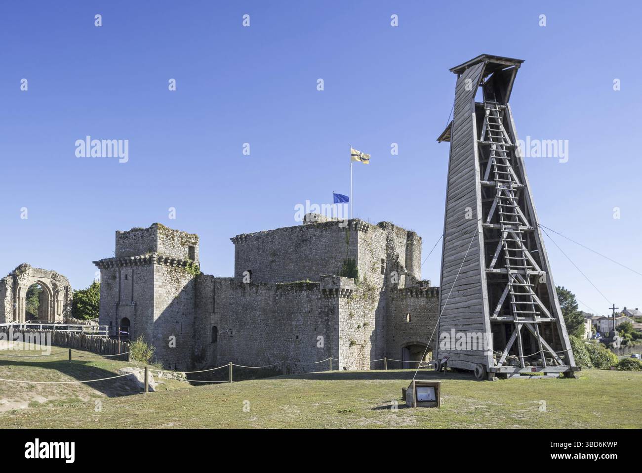 Medieval siege tower, breaching tower at the Chateau de Tiffauges, also ...