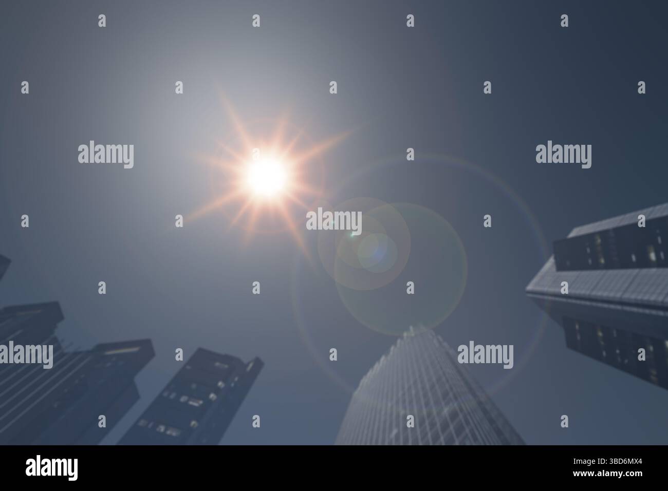 Sunrays or sunlight effect, lens flare, light leaks, overlays, or flare light with skyscrapers ...