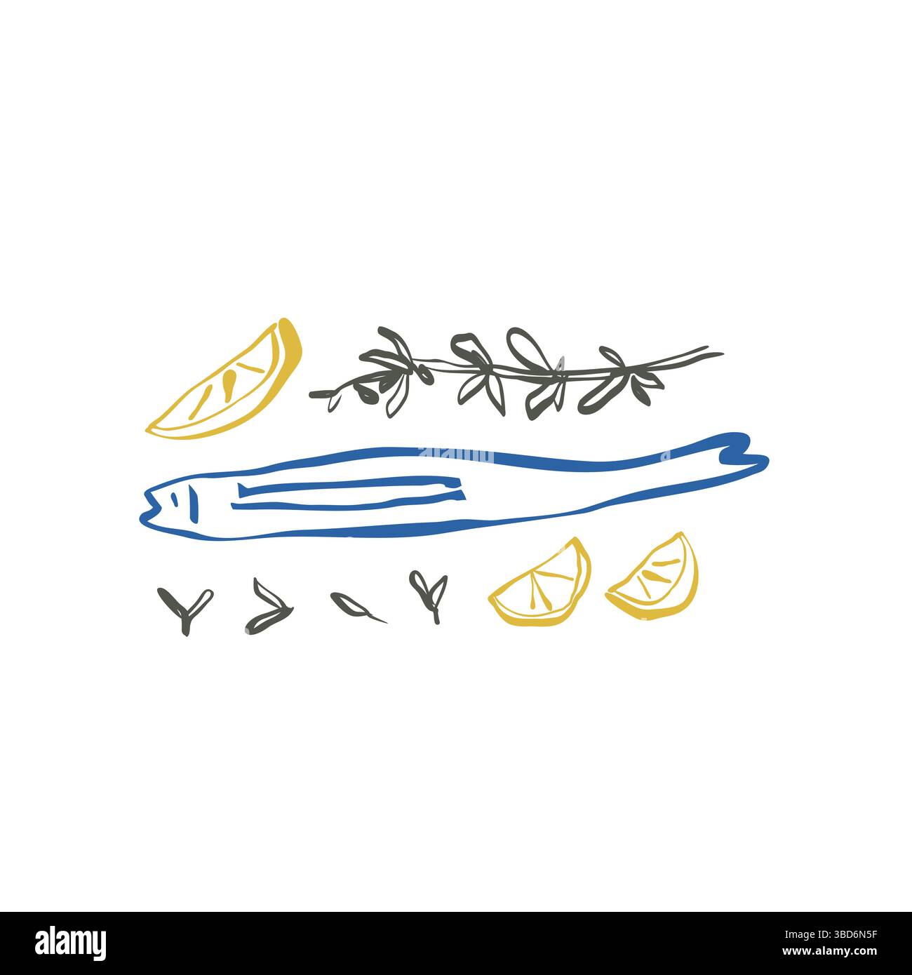 Minimalist fish with lemon slices and thyme in blue yellow and olive ...