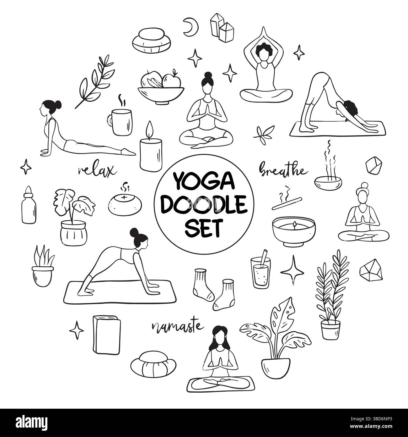 Collection of yoga, relax, meditation doodles illustrating poses and ...