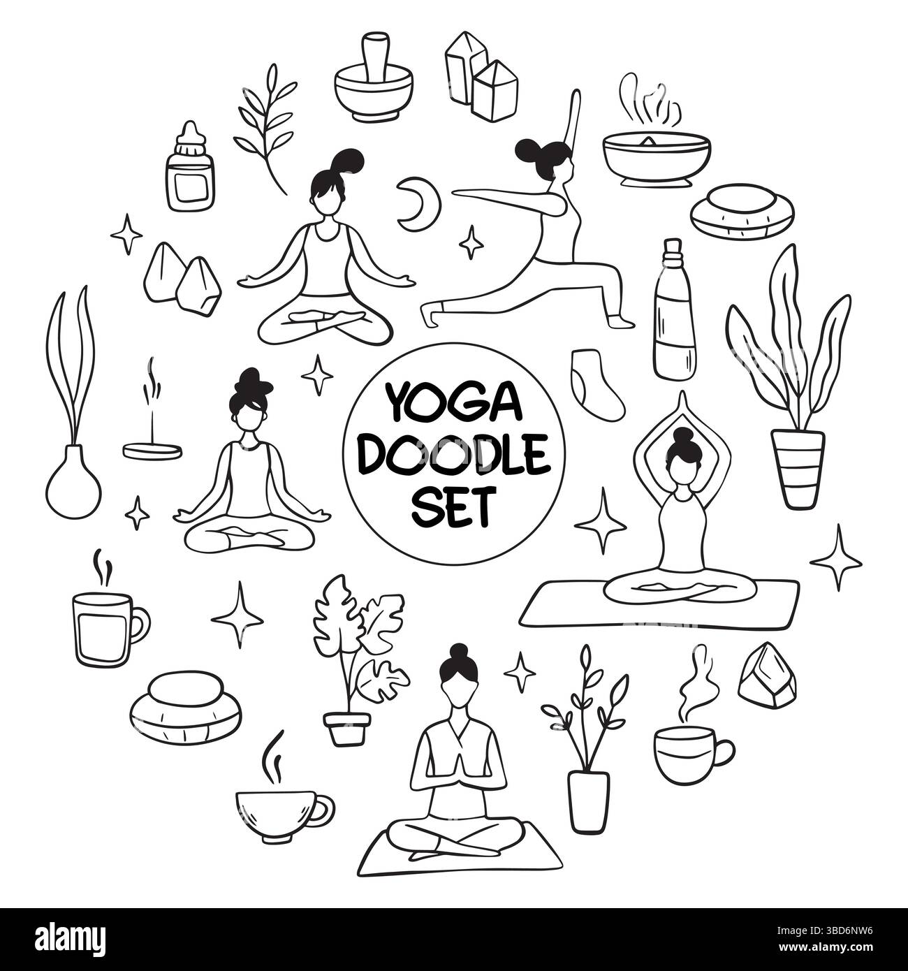 Collection of yoga, relax, meditation doodles illustrating poses and ...