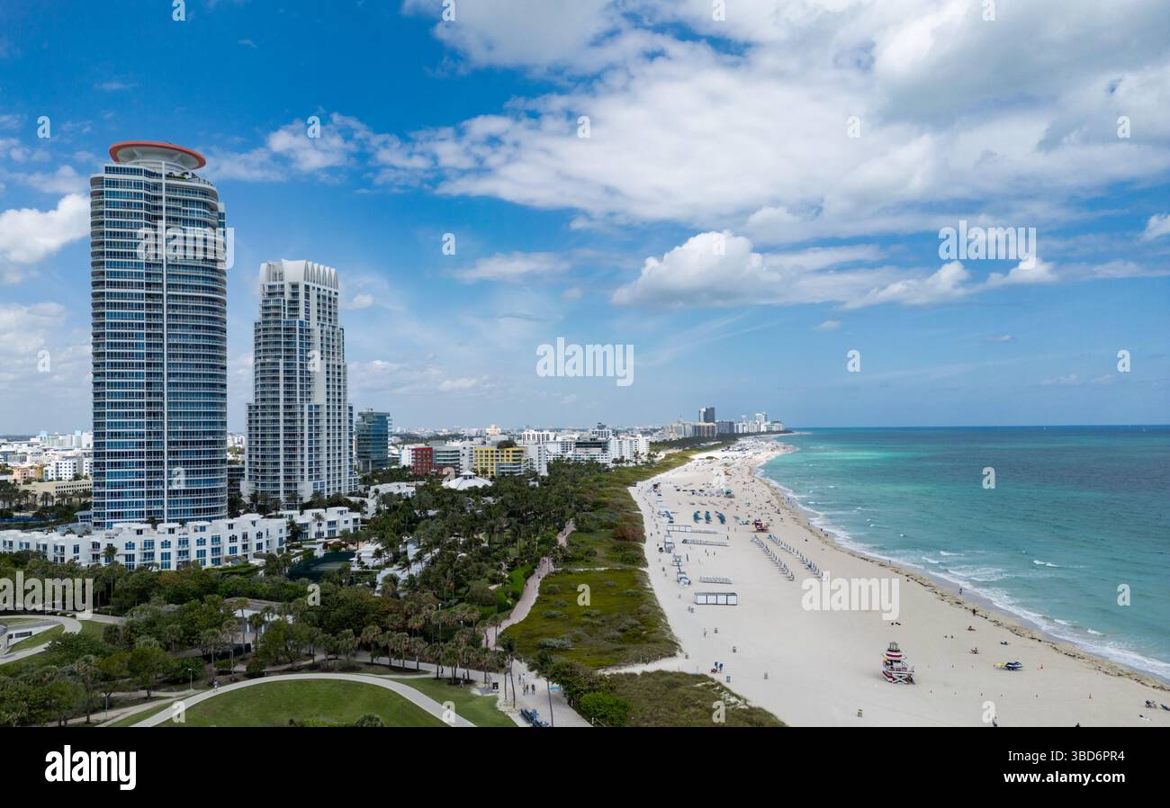 Miami Beach on blue sky. Skyline aerial view. Miami city. Tropical ...