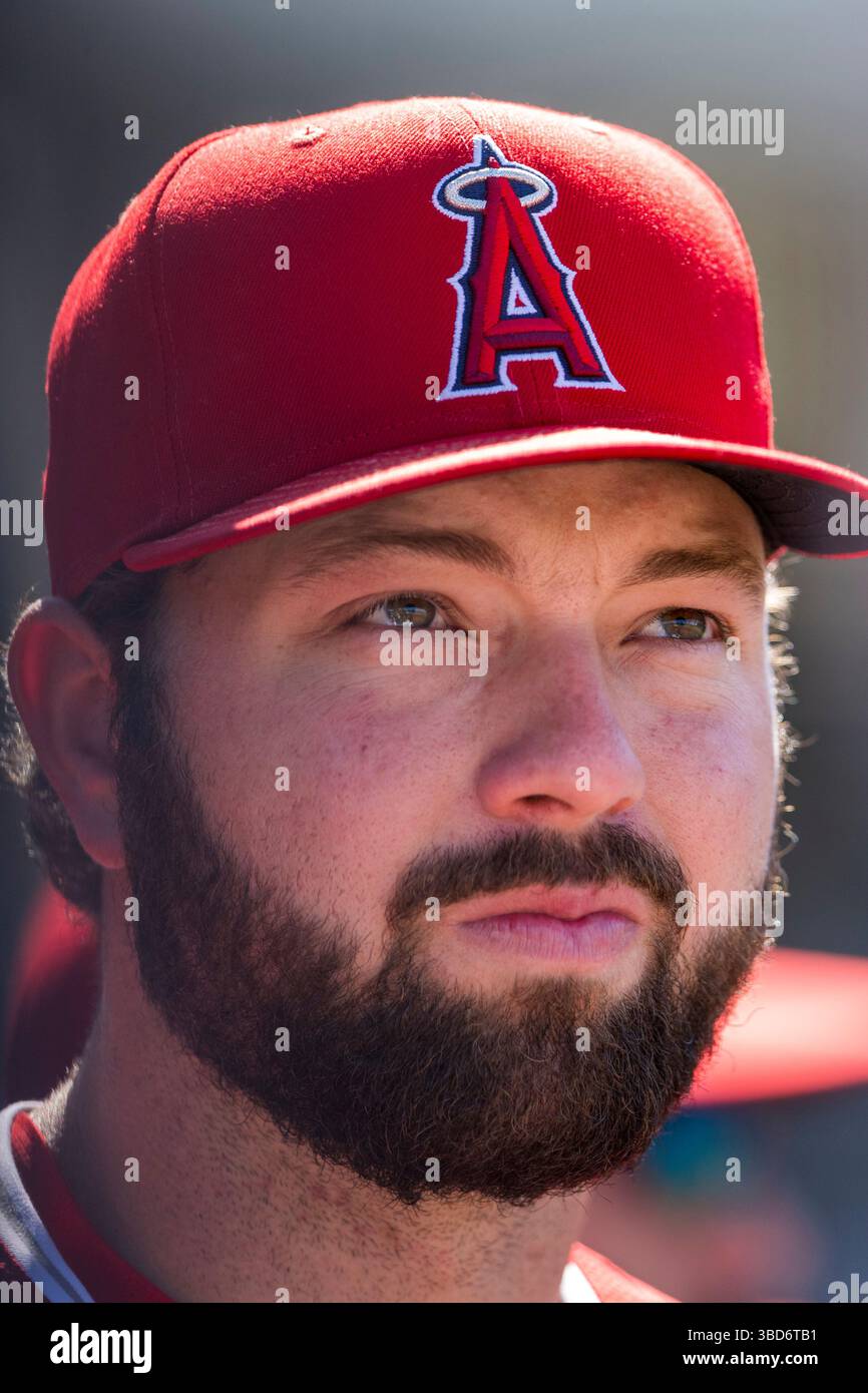 Los Angeles Angels' Nolan Schanuel looks out from the dugout during the ...