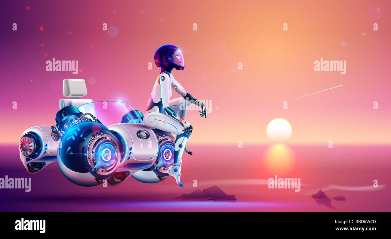 An astronaut girl on Mars sits on a futuristic transport. A female Mars ...