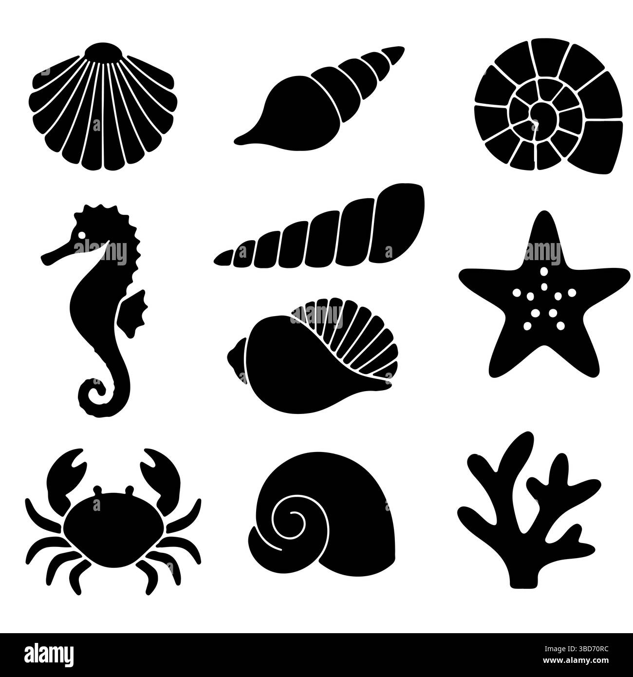 Illustrations of Marine Life Icons Including Shells, Seahorse, Crab ...