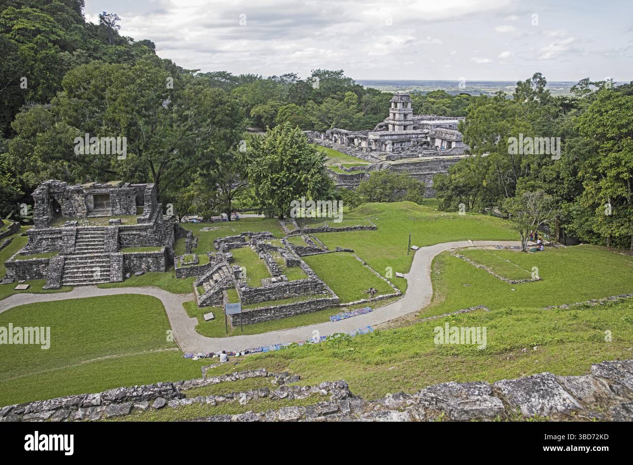 Aerial view over temple ruins and the Palace with Observation Tower at ...