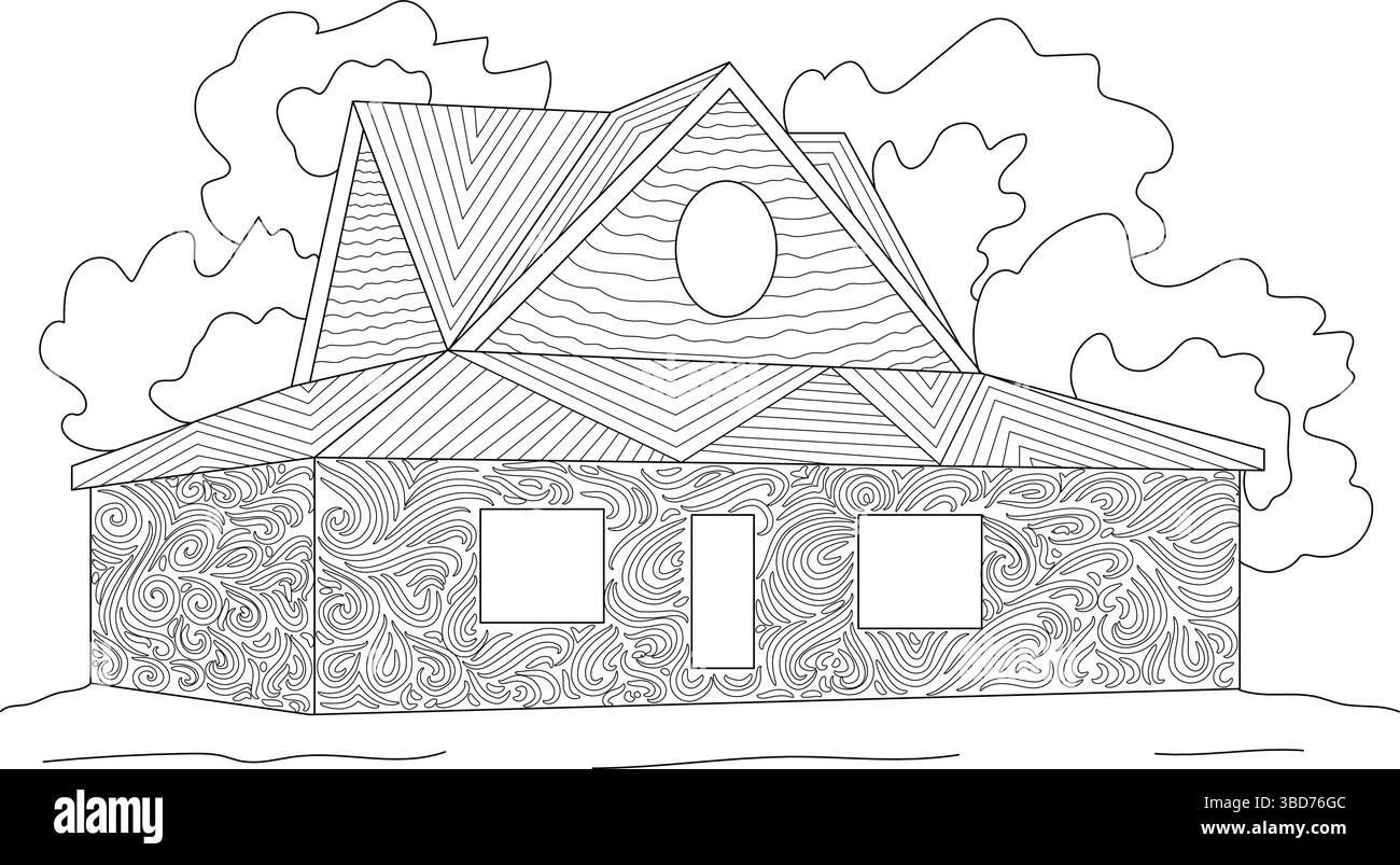Black and white line drawing of a stylized house in a countryside ...