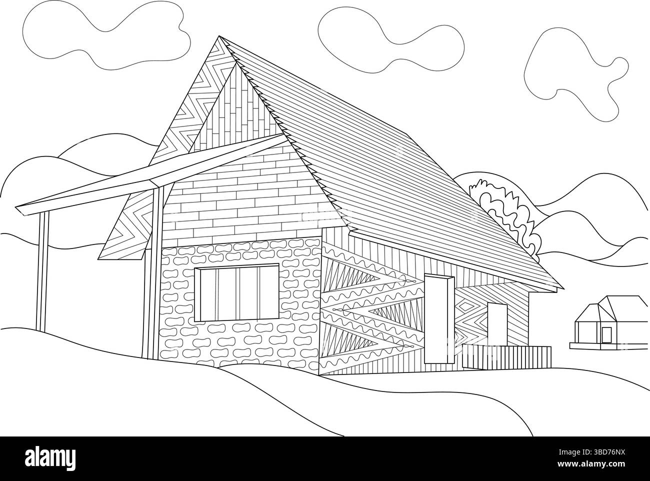 Black and white line drawing of a charming rustic house set in a ...