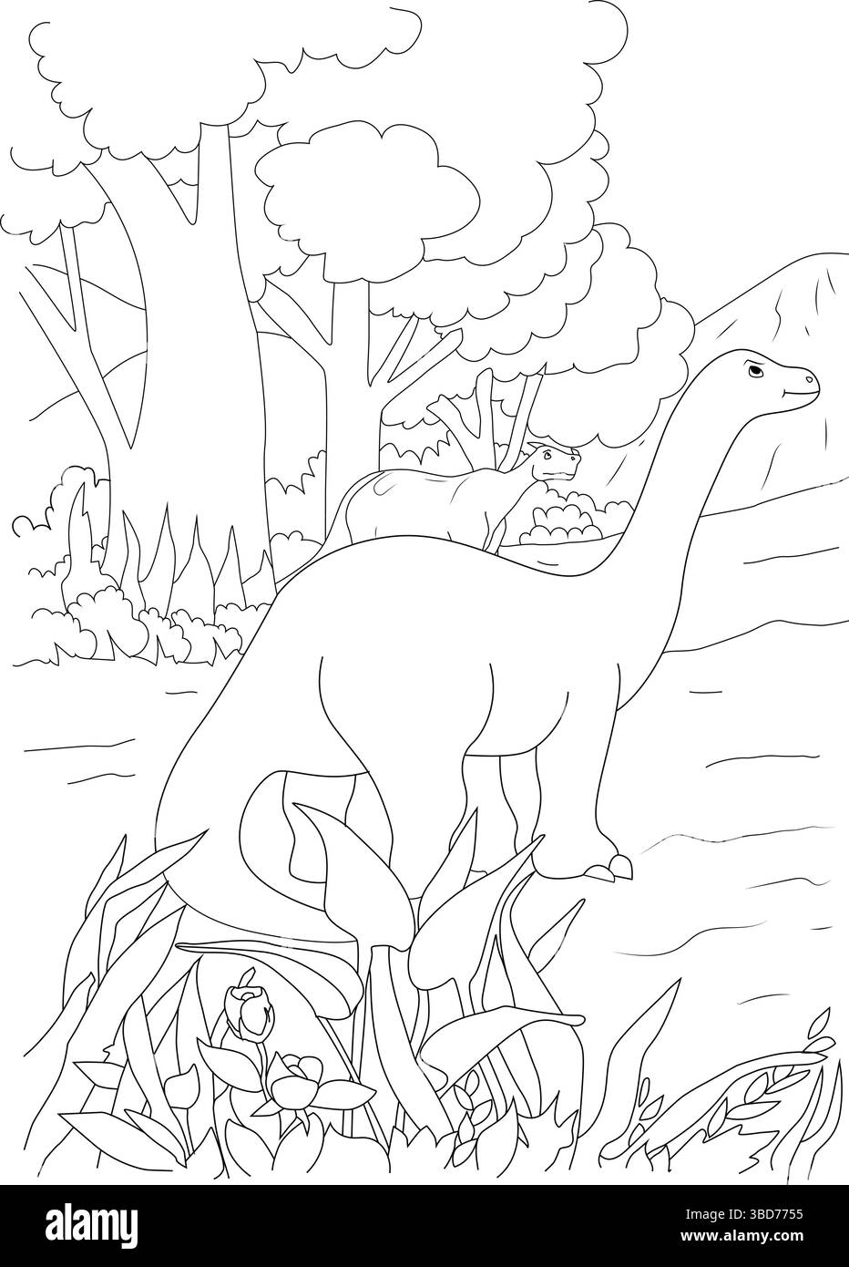 Black and white line drawing of two dinosaurs in a prehistoric ...