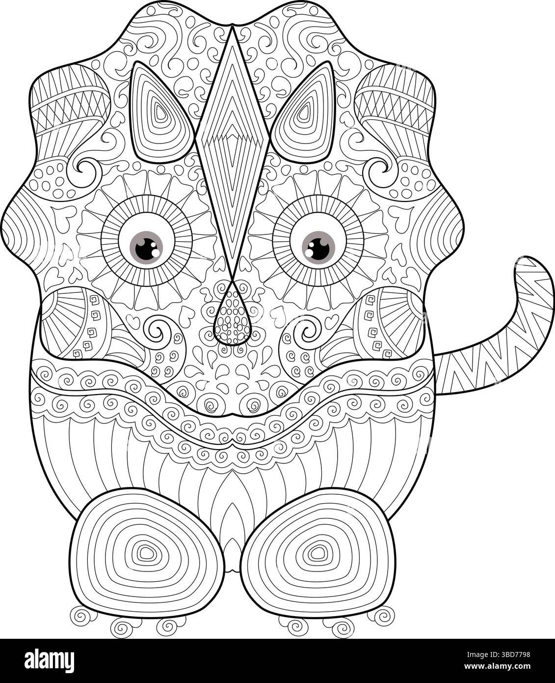 Black and white line art illustration of a stylized dinosaur adorned ...