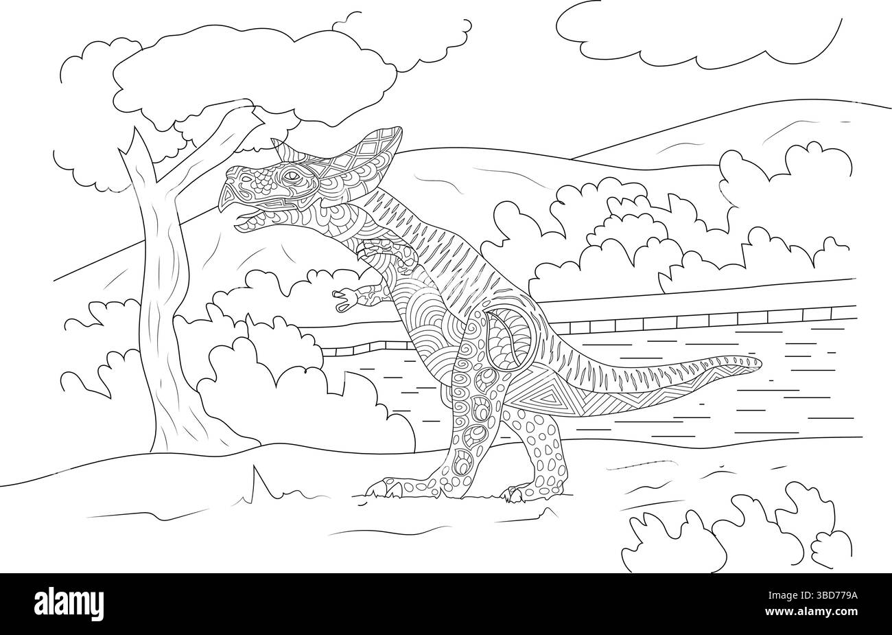Black and white line art illustration featuring a dinosaur with ...