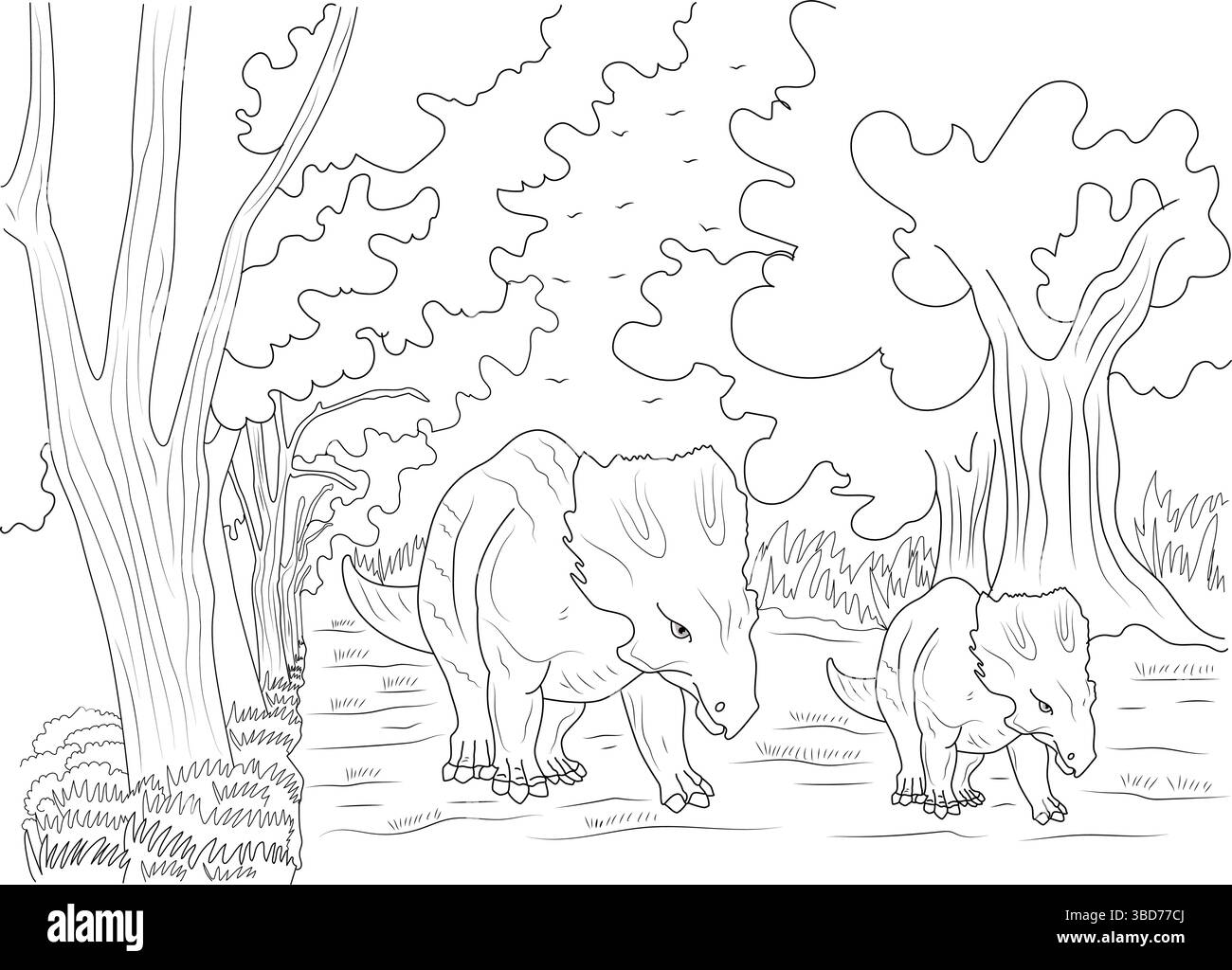 Black and white outline illustration of two prehistoric dinosaurs ...