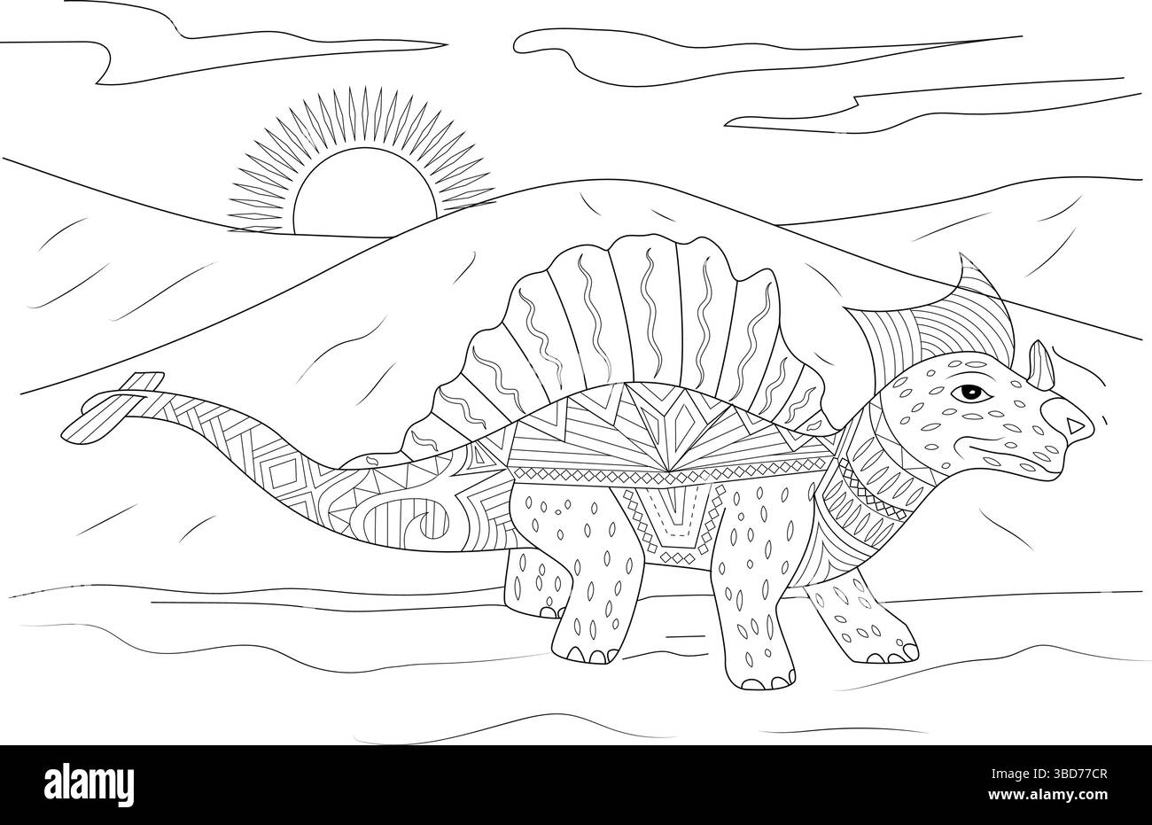 A detailed black and white line art illustration of a Spinosaurus ...