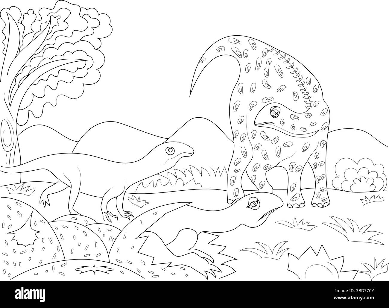 Black and white line drawing of a prehistoric landscape featuring three ...