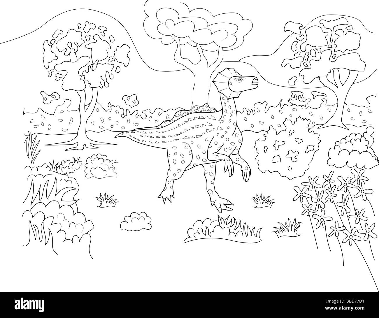 Black and white outline illustration of a dinosaur walking through a ...