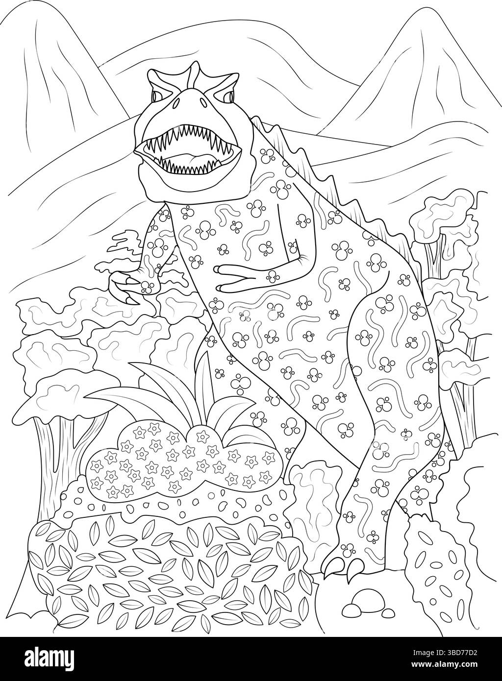 Black and white outline illustration of a large theropod dinosaur ...