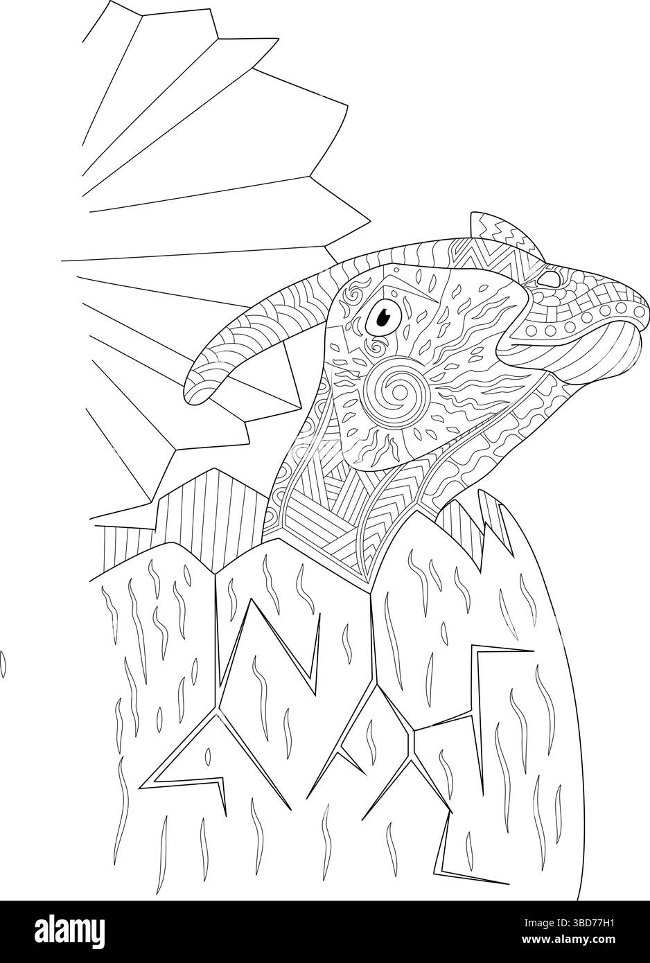 A detailed black and white line art illustration of a baby dinosaur ...