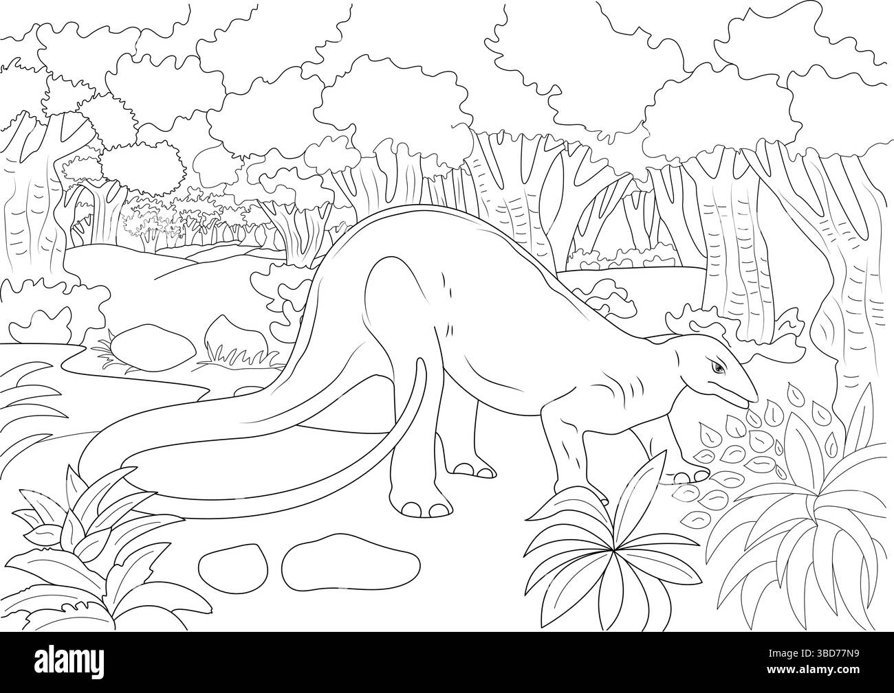 A simple black and white line drawing of a bipedal prehistoric dinosaur ...