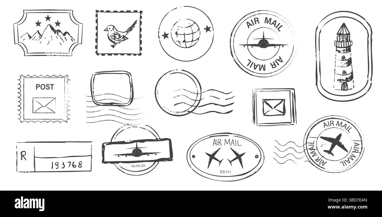 Air mail stamp retro vintage postage sign. Post stamp with plane icon ...