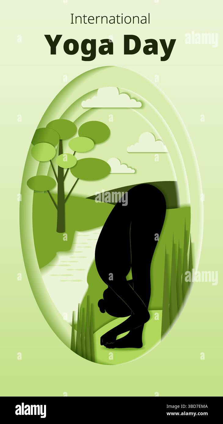 International Yoga Day. Vertical template. Padangushthasana pose. Big ...