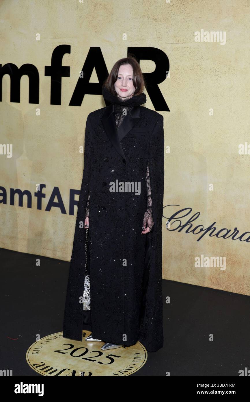 Cannes, France. 23rd May, 2025. Andrea Riseborough attends the amfAR ...