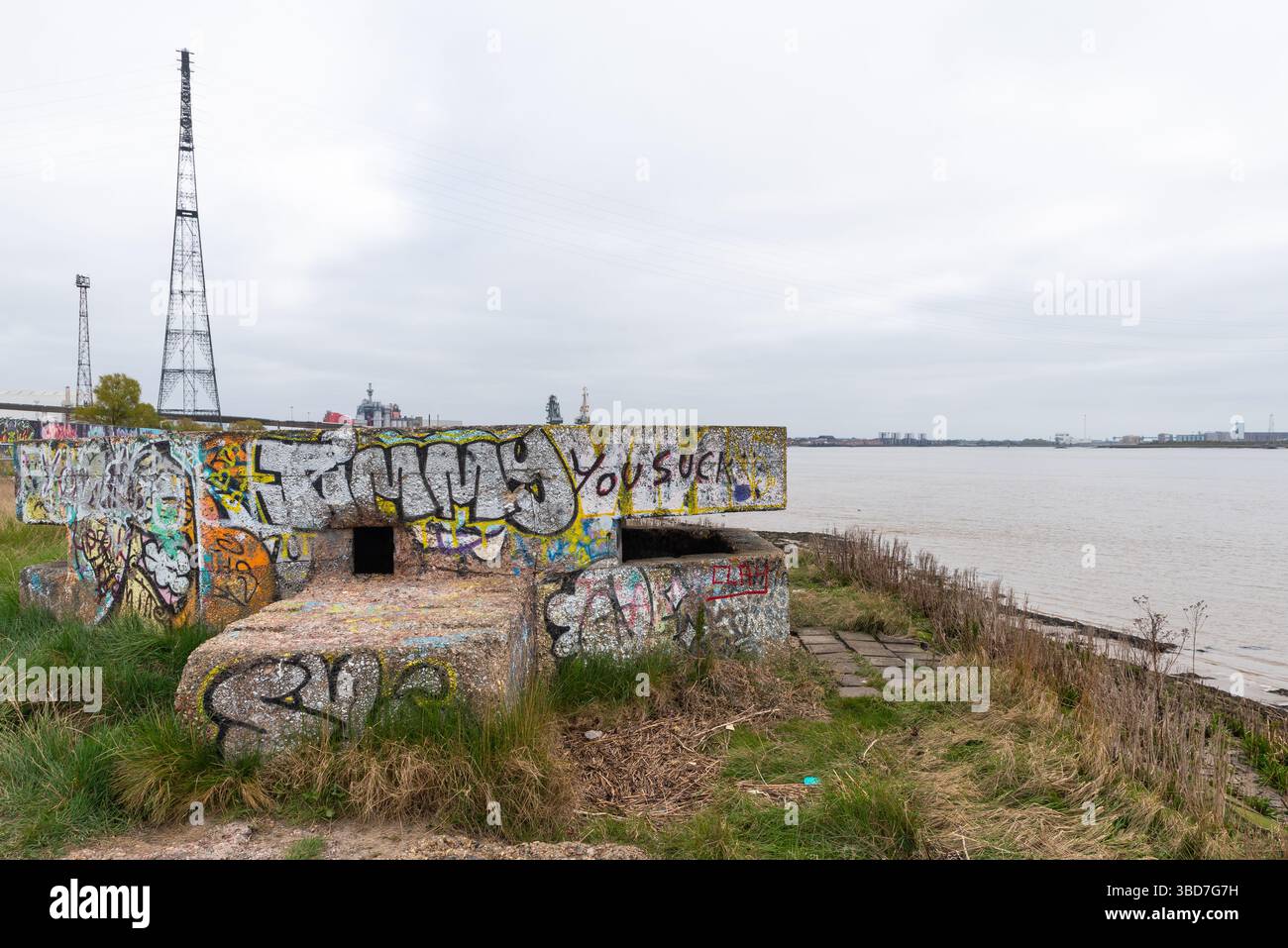 Extra tall electricity pylon on the north bank of the River Thames ...