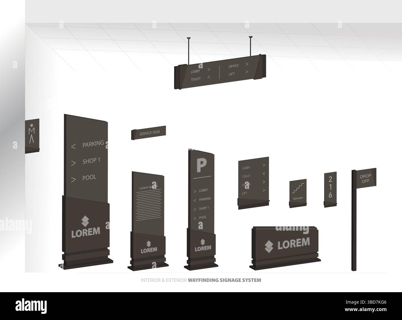 Wayfinding system 3D signage mockup set Direction signs Exterior and interior way finding design ...