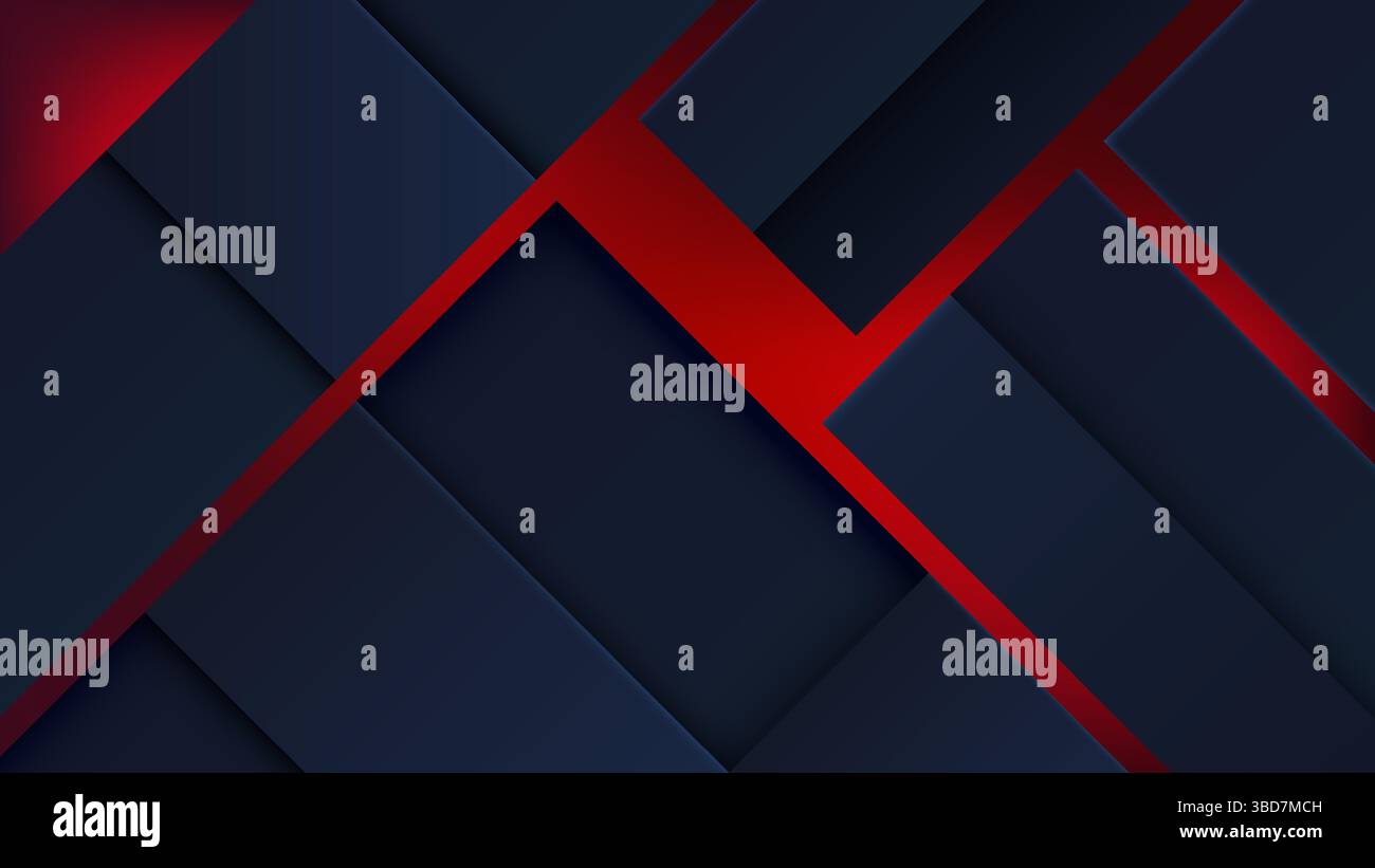 dark navy blue geometric shapes layered over vibrant red, creating an ...