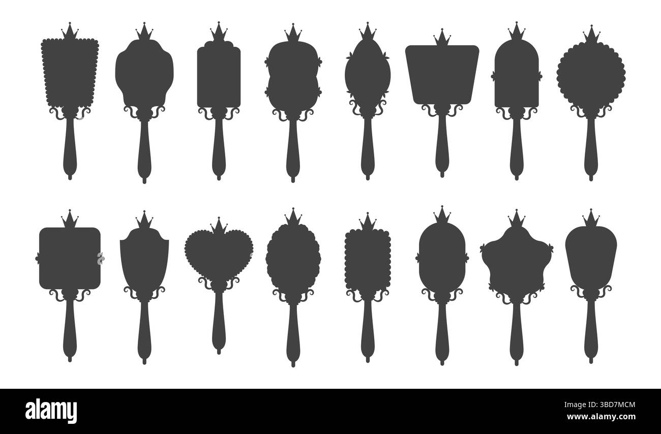 Princess mirror. Set of black mirrors silhouette with crowns. Cute ...