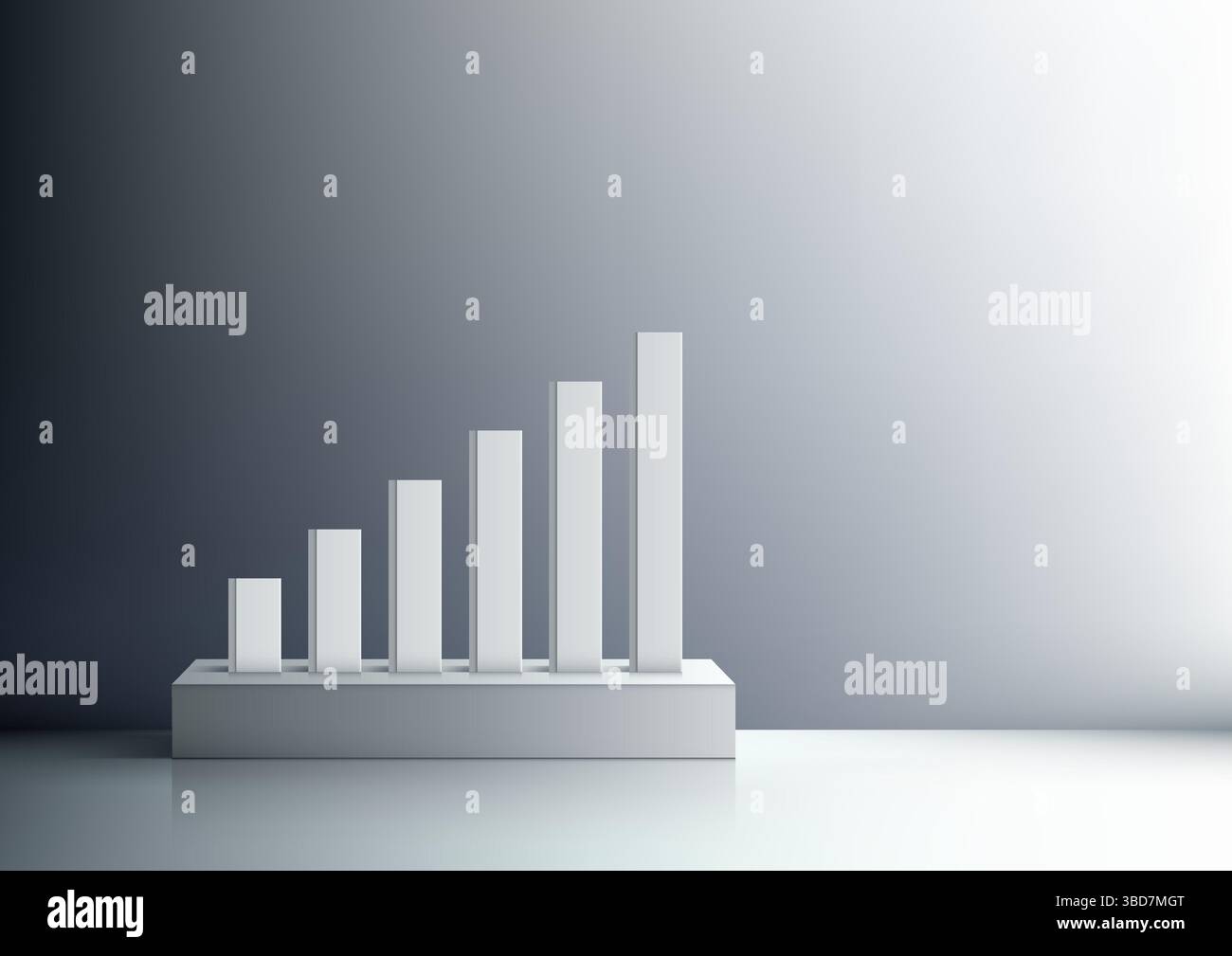 Modern minimalist 3d bar graph with an upward trend on a white platform ...