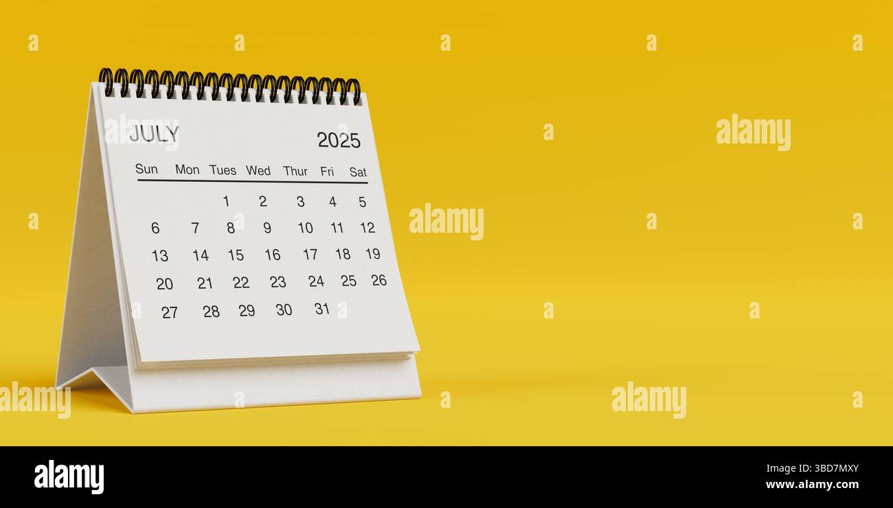 White Desk Monthly July 2025 Business Calendar on a yellow background ...