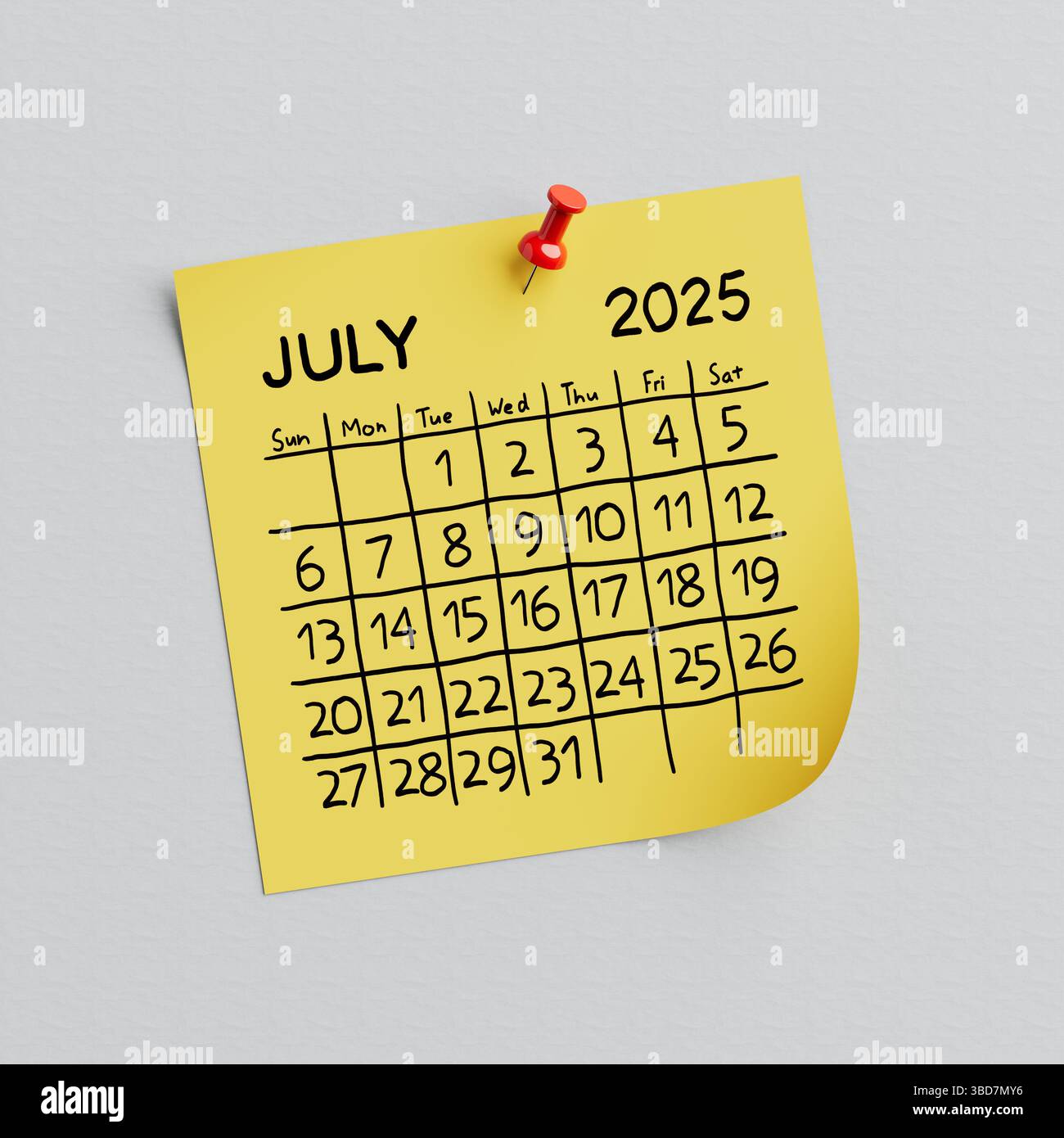 Yellow Note Paper with July of 2025 Year May Handwritten Calendar and ...