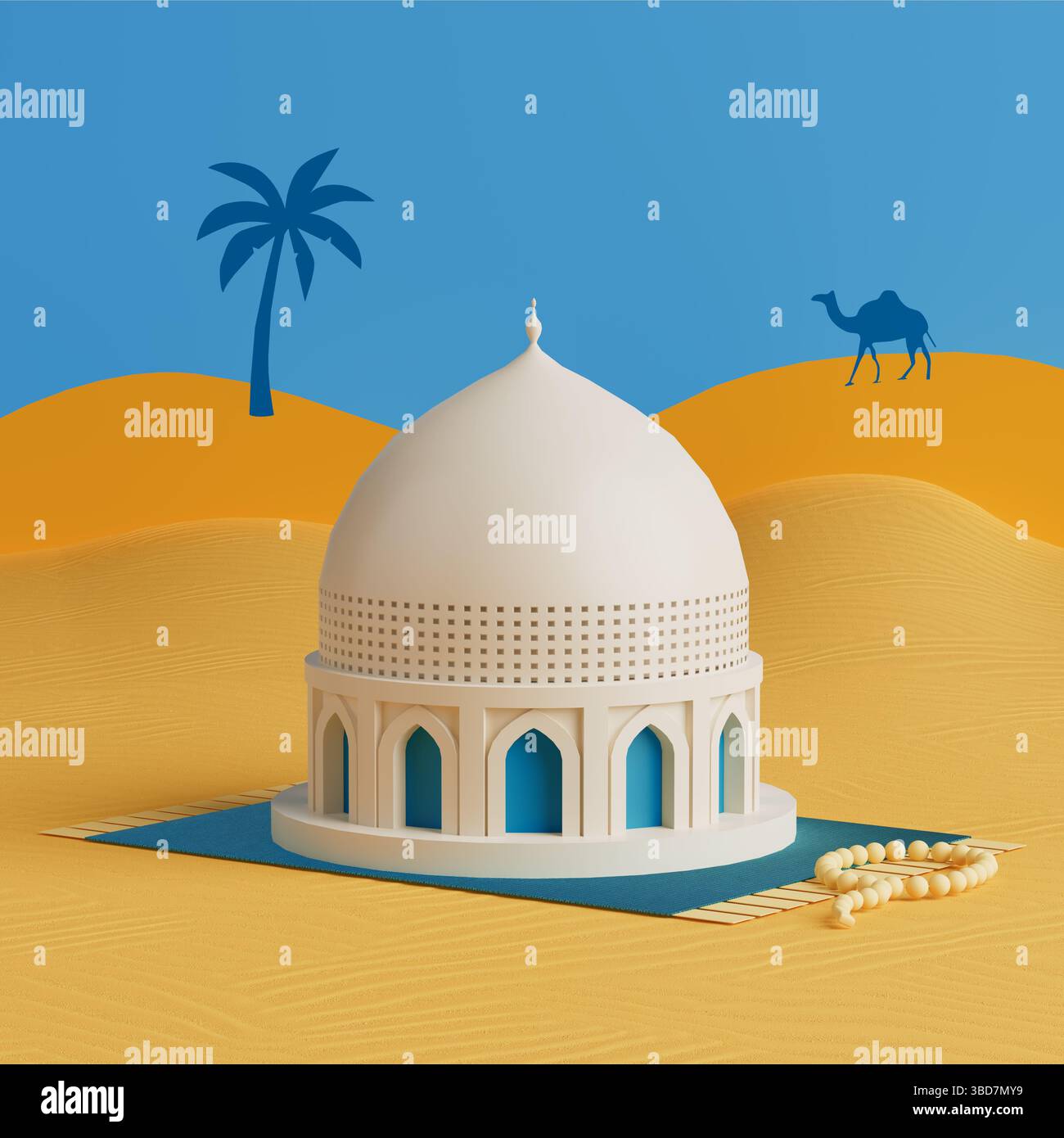 Spiritual Journey And Devotion. White Mosque On Prayer Mat With Rosary ...