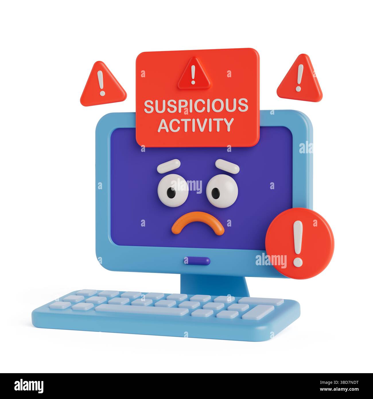 Cybersecurity Alert Concept. Sad Computer Screen With Warning Signs And ...