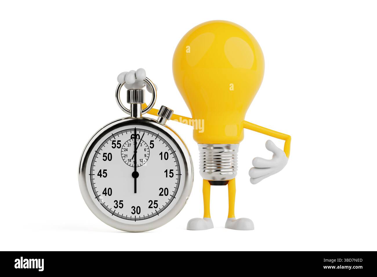 Time Management Idea Concept. Light Bulb Character Holding Stopwatch On ...