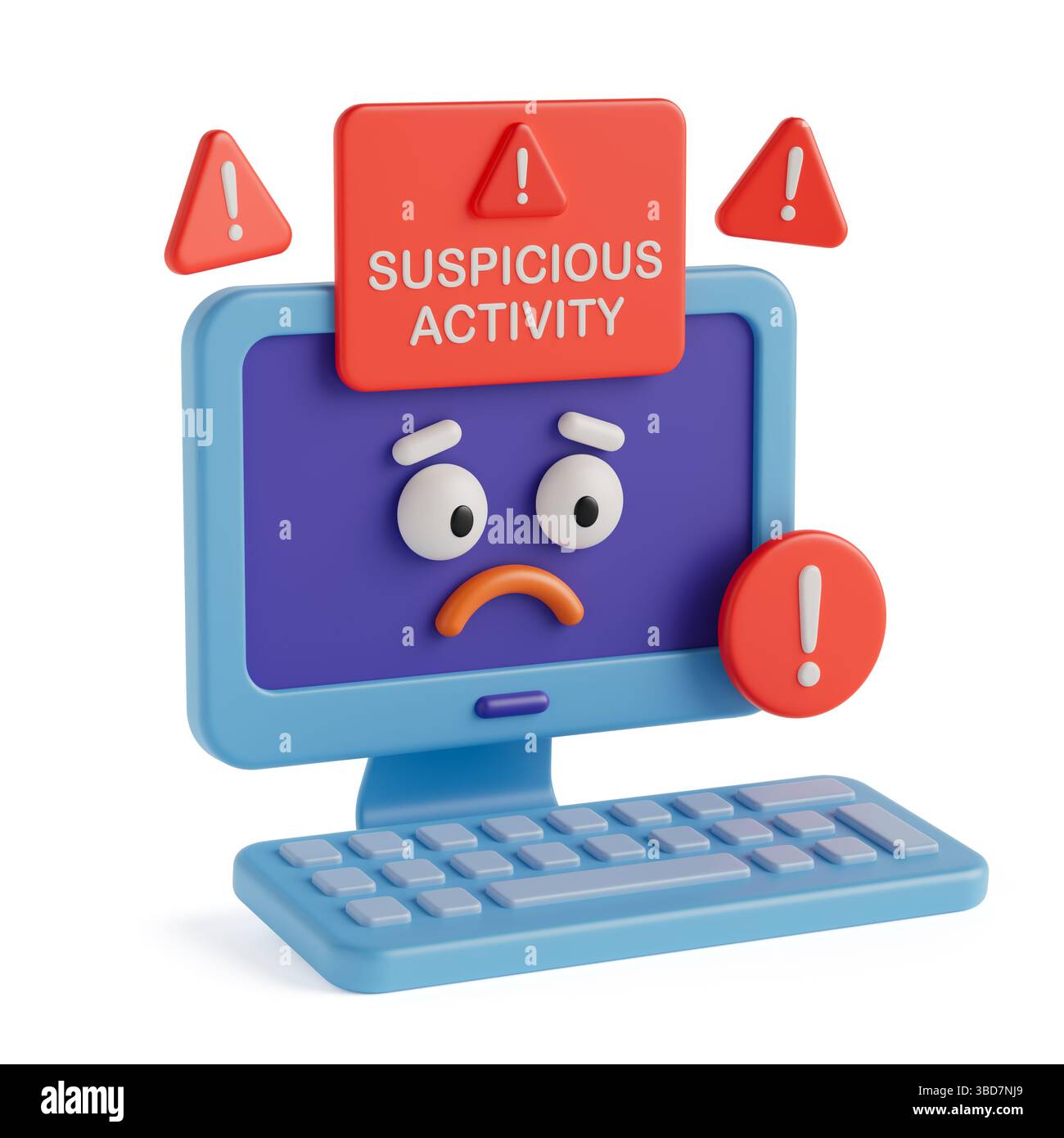 Cybersecurity Alert Concept. Sad Computer Screen With Warning Signs And ...