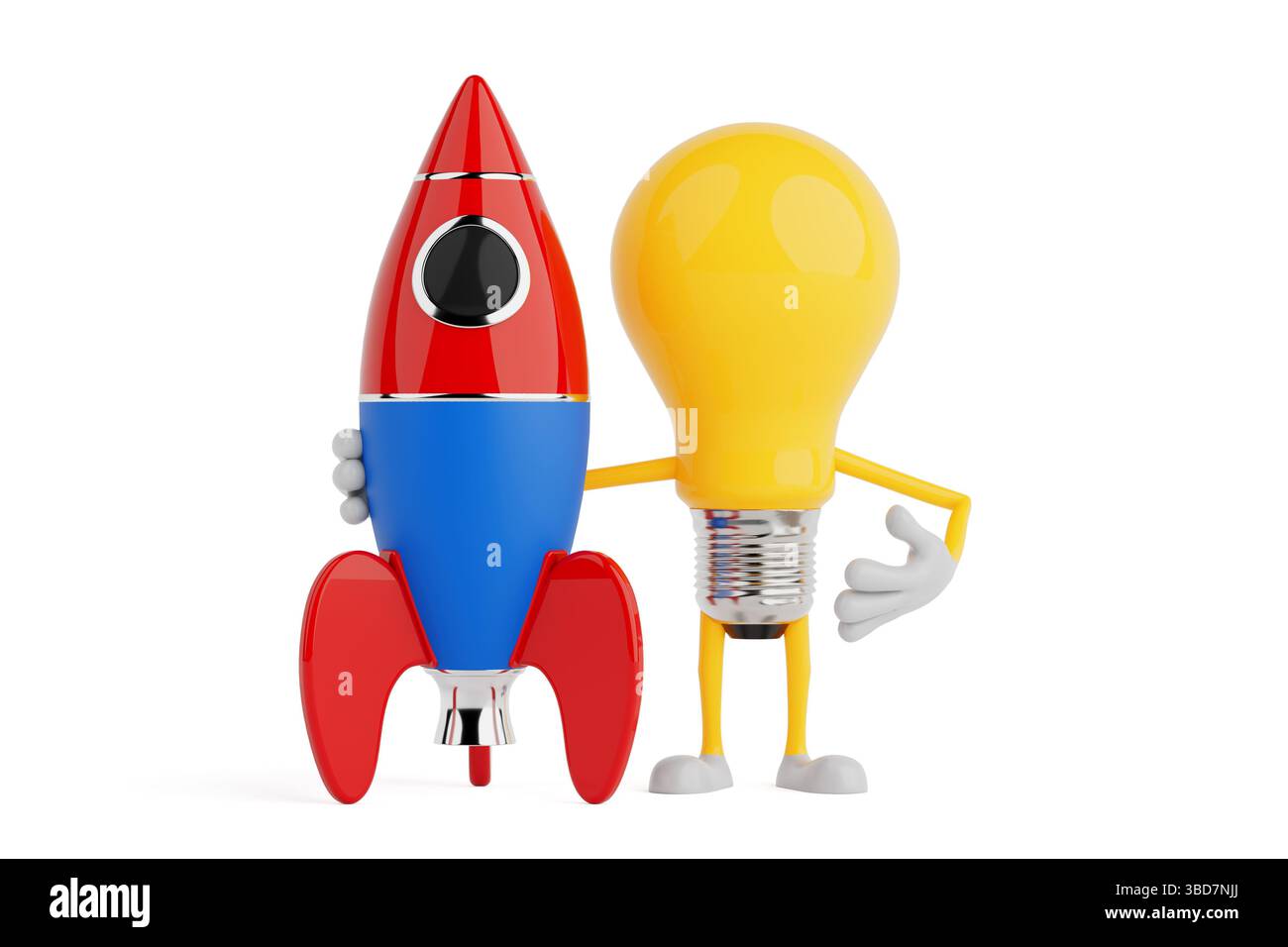 Startup Launch Idea Concept. Light Bulb Mascot Holding Rocket On White ...