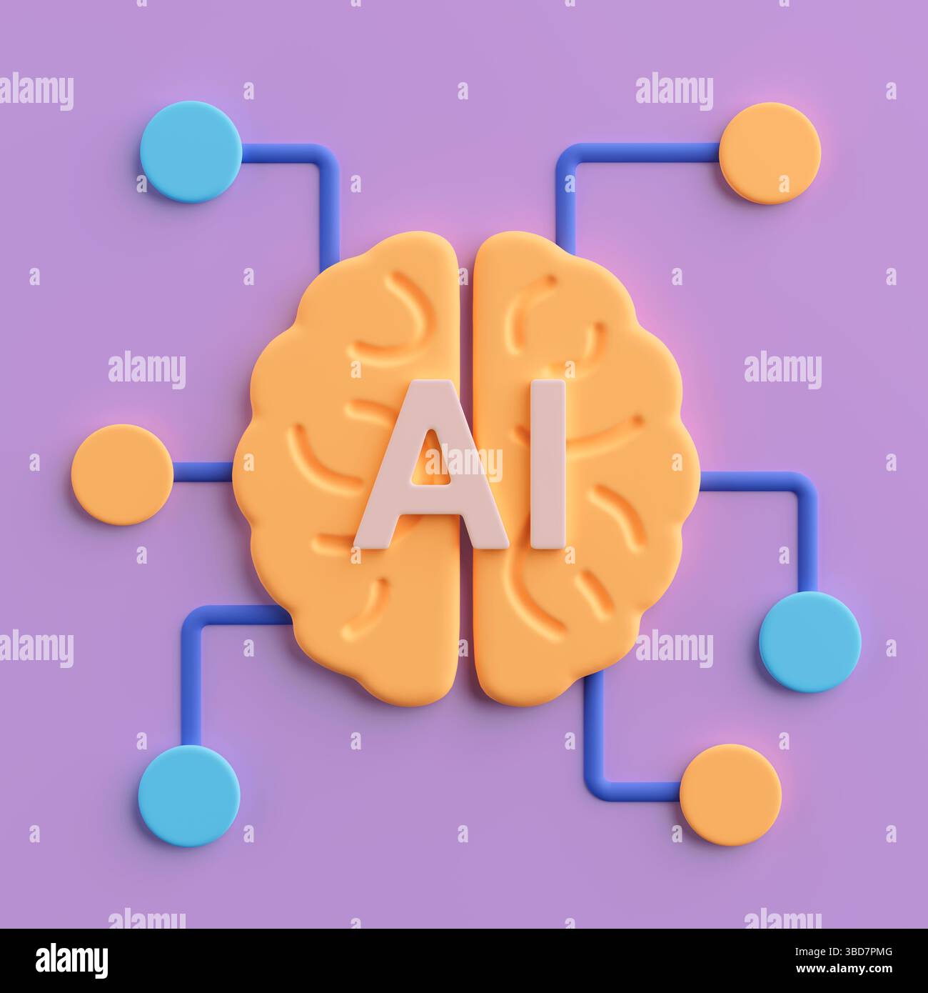 Artificial Intelligence Brain Concept. Orange Brain With AI Letters And Neural Nodes On Purple ...
