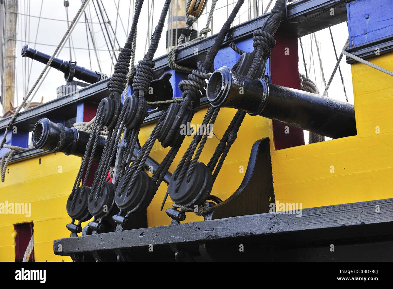 Wooden blocks and cannons on board of the Grand Turk, Etoile du Roy, a ...
