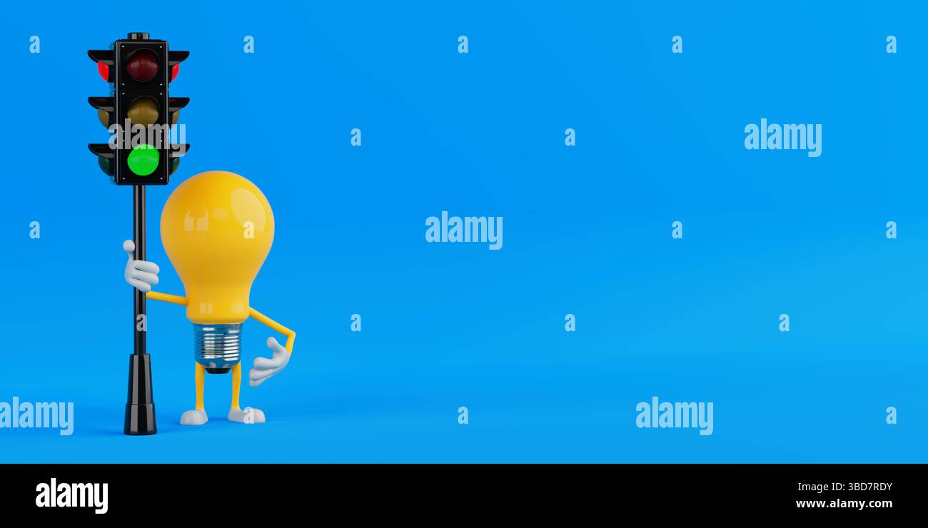 Go Signal And Traffic Concept. Yellow Cartoon Light Bulb Character ...
