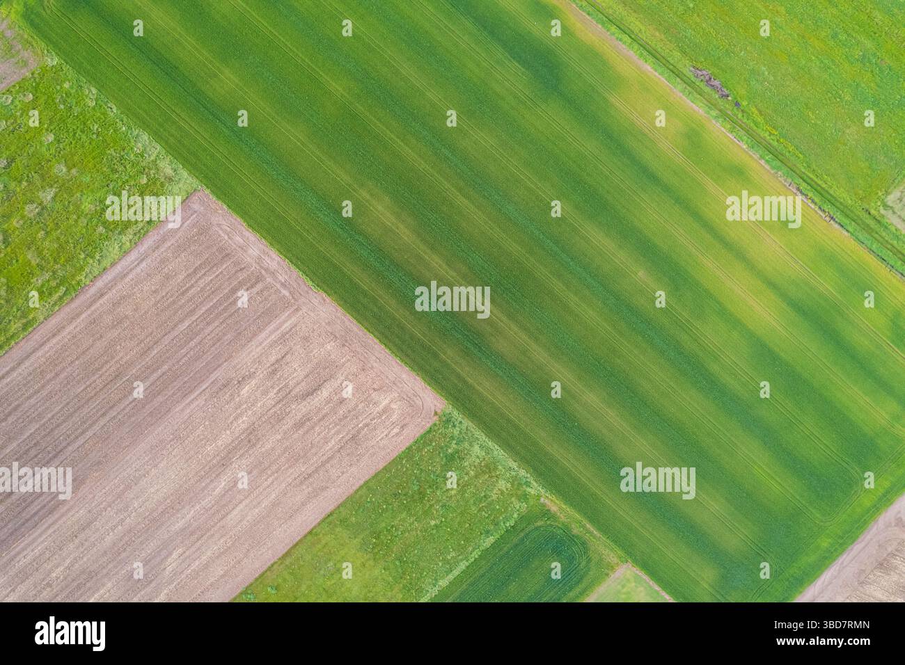 various crops and plowed earth patterns drone top down view. Background ...