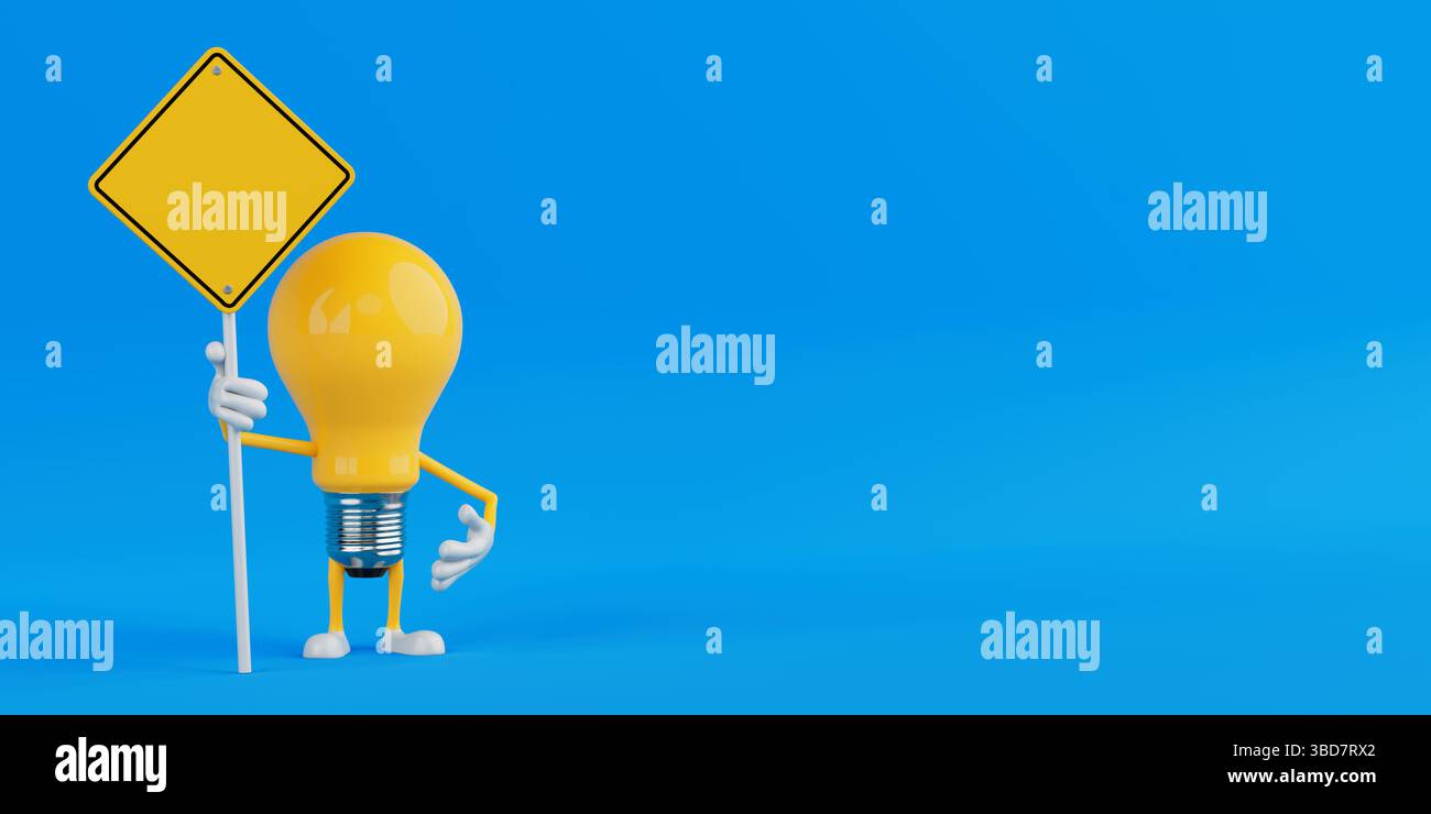 Caution And Awareness Concept. Yellow Cartoon Light Bulb Character ...