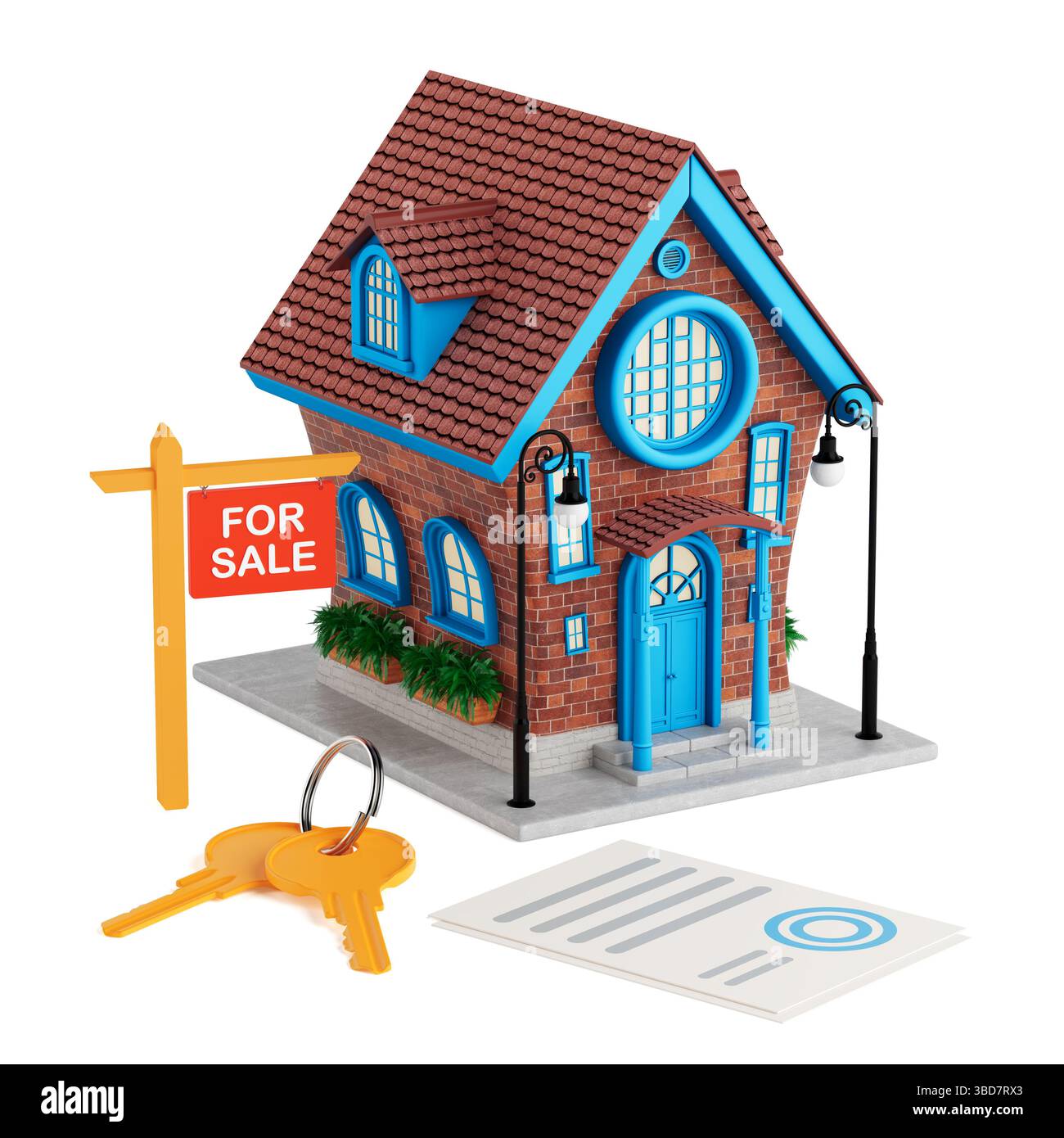 Real Estate Purchase Concept. Cartoon Brick House With For Sale Sign ...
