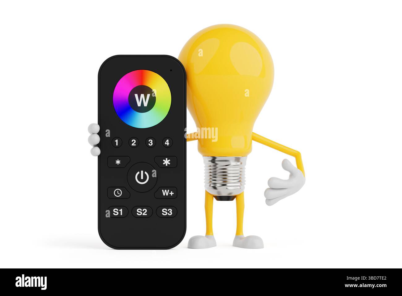 Smart Control Concept. Yellow Cartoon Light Bulb Character Holding LED ...