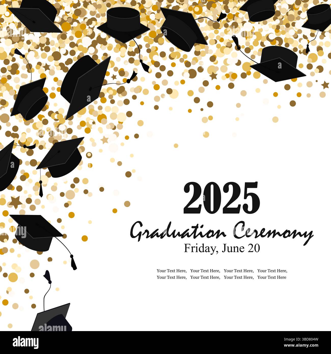 Graduation ceremony corner frame with graduate caps and gold confetti ...