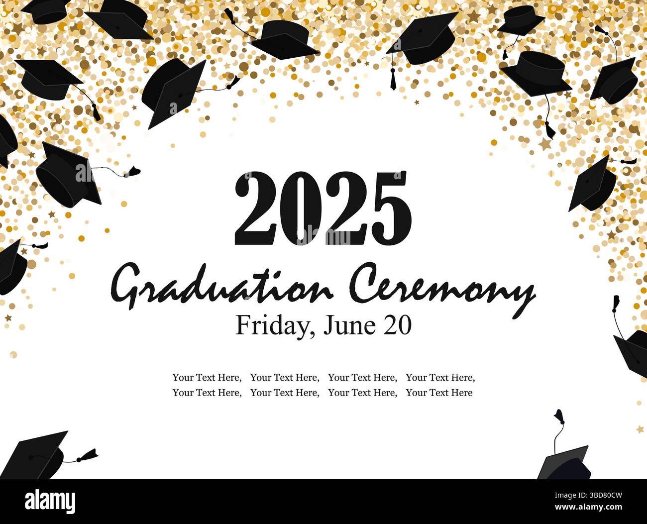 Graduation ceremony banner with graduate caps and gold confetti ...