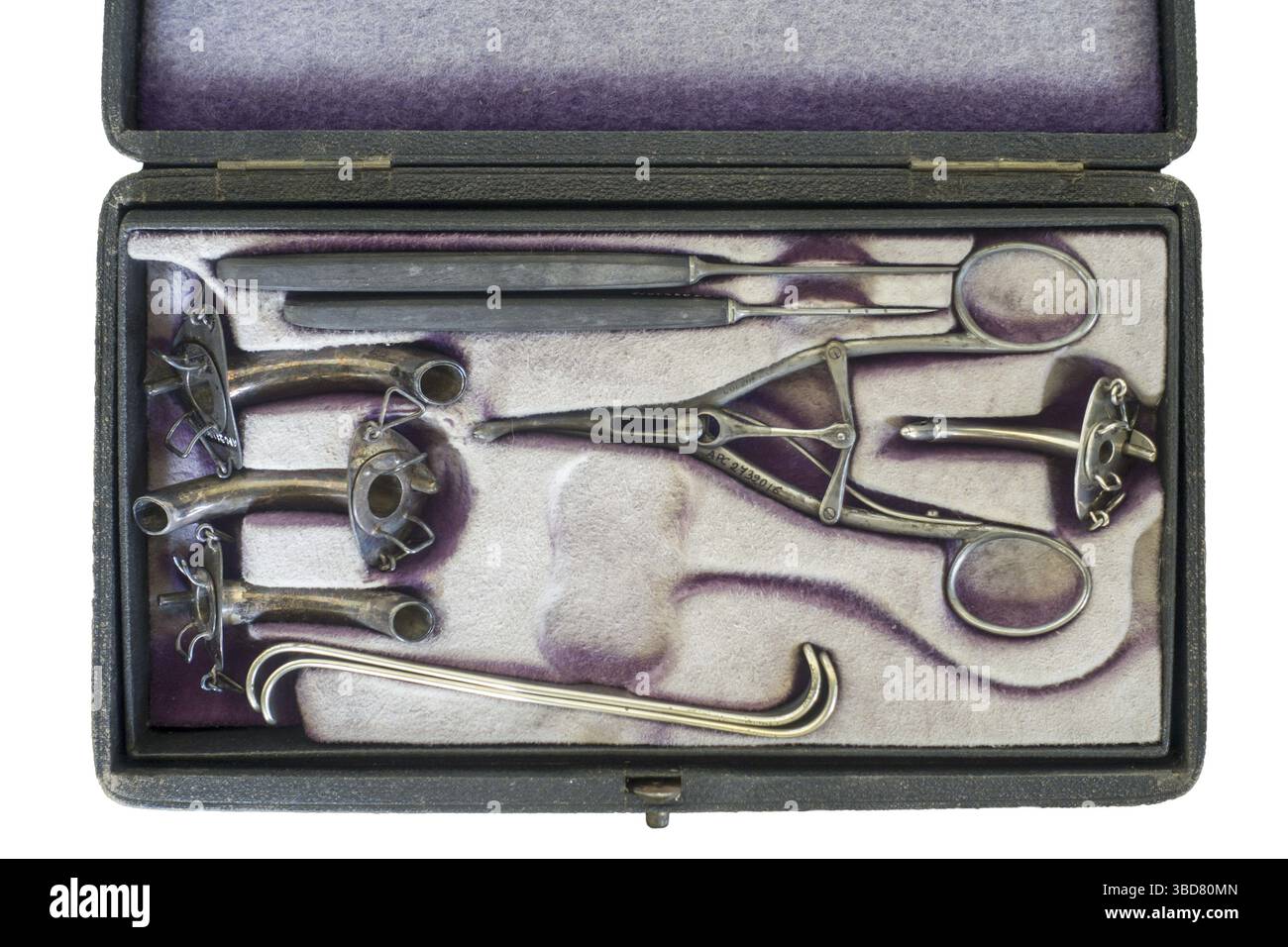 Antique tracheotomy, tracheostomy instruments in box showing tracheal ...