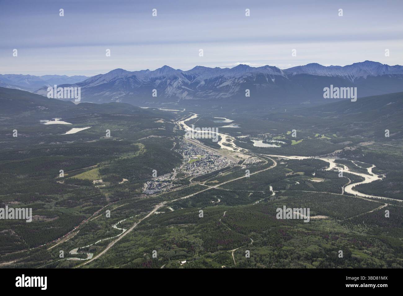 Aerial view from the summit of The Whistlers over the town Jasper ...