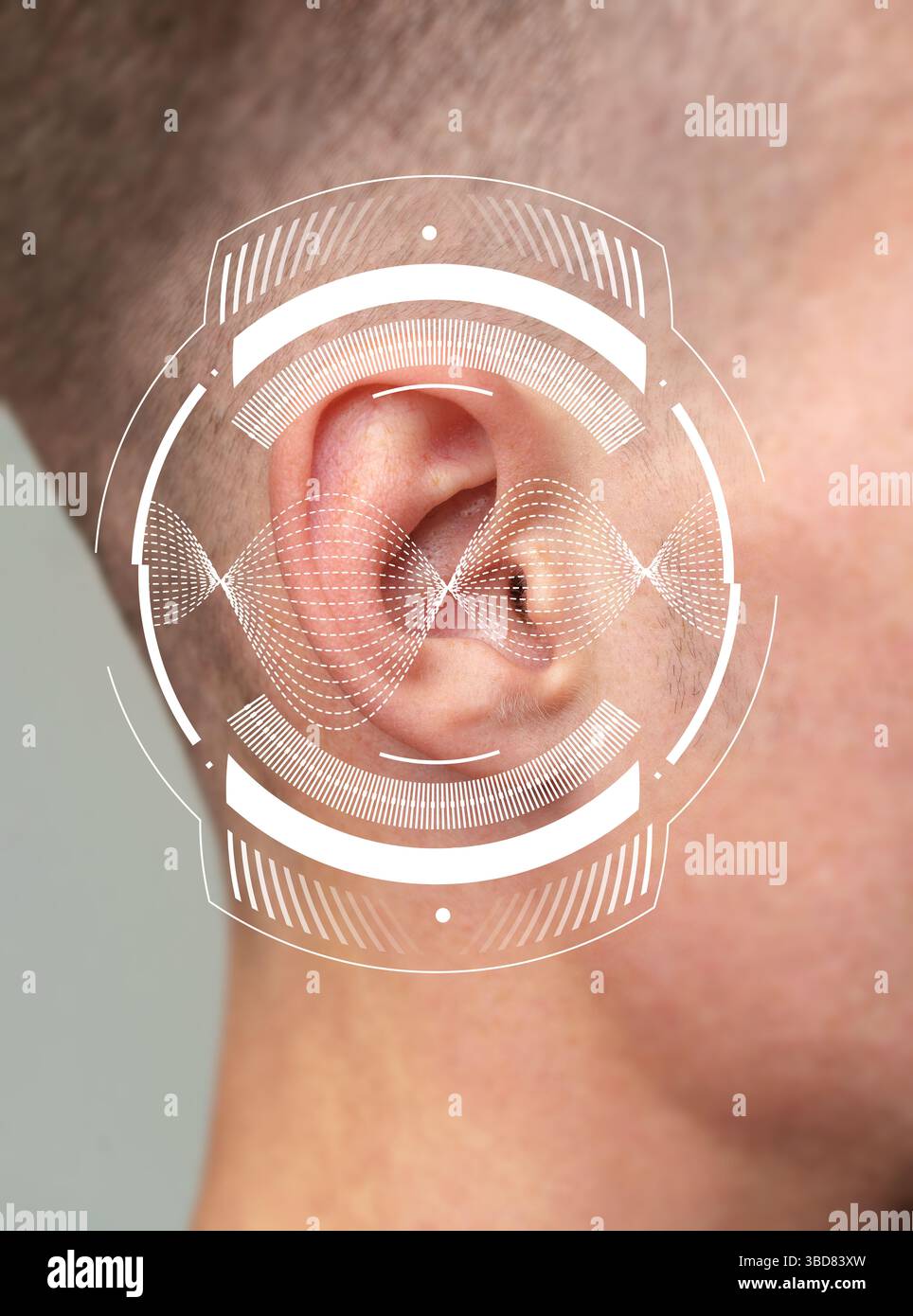Unique close-up of a human ear with artistic sound wave design overlay ...