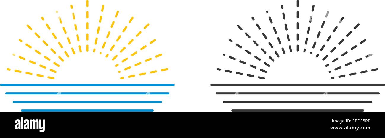 Linear icon of sun and sea. Sunrise or sunset emblem. Black outline and ...